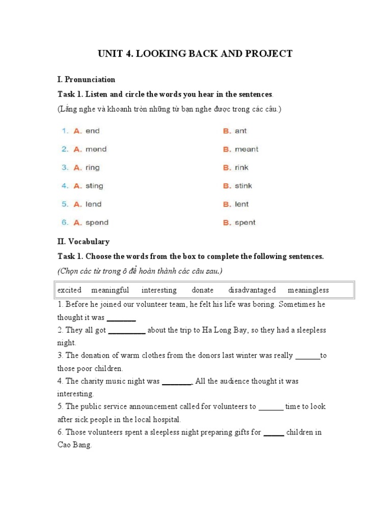 Unit 4. Looking Back and Project: I. Pronunciation Task 1. Listen and ...