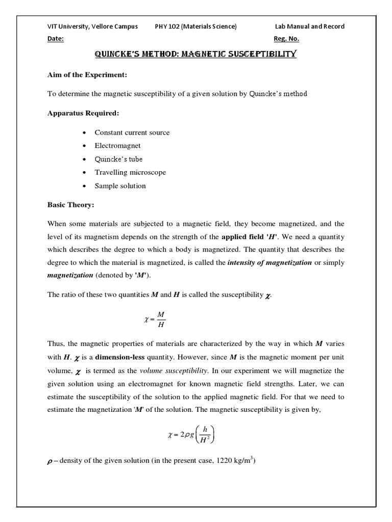 Quincke'S Method: Magnetic Susceptibility: Aim of The Experiment | PDF ...