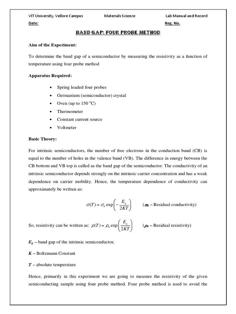 04-Band Gap - Four Probe Method | PDF | Electrical Resistivity And Conductivity | Semiconductors