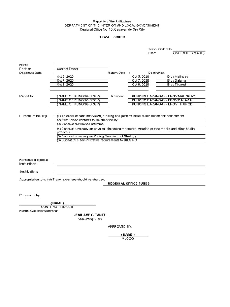 Sample Form of Travel Order For Contact Tracer | PDF | Emergency ...