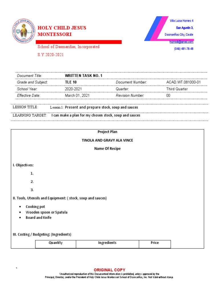 +TLE+Worksheet+ +Project+Plan +Stock,+Soup+and+Sauces | PDF | Foods ...