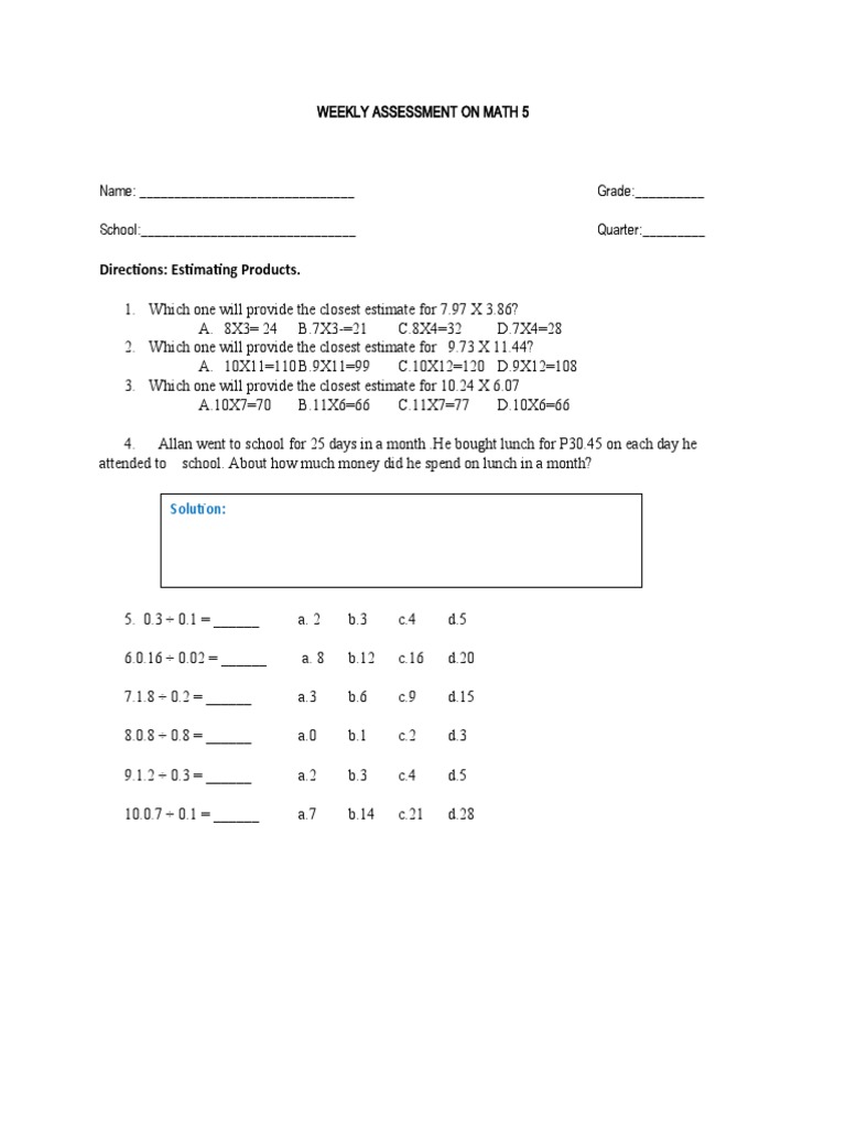 WEEKLY ASSESSMENT ON MATH 5 Week 5 and 6 | PDF | Wellness