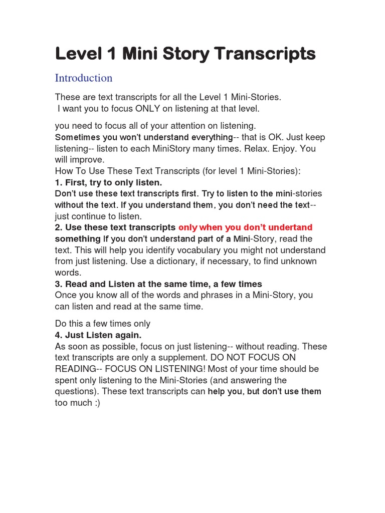 Level 1 Mini Story Transcripts | PDF