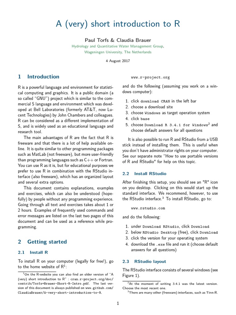 A (Very) Short Introduction To R: Paul Torfs & Claudia Brauer | Download Free PDF | Matrix ...