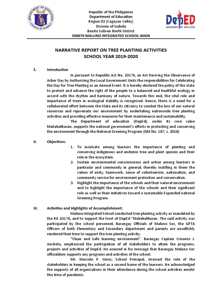 Narrative Report On Tree Planting Activities SCHOOL YEAR 2019-2020 I ...