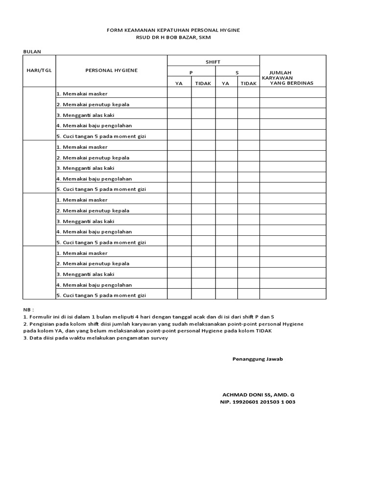 Formulir Kepatuhan Hygiene Karyawan | PDF