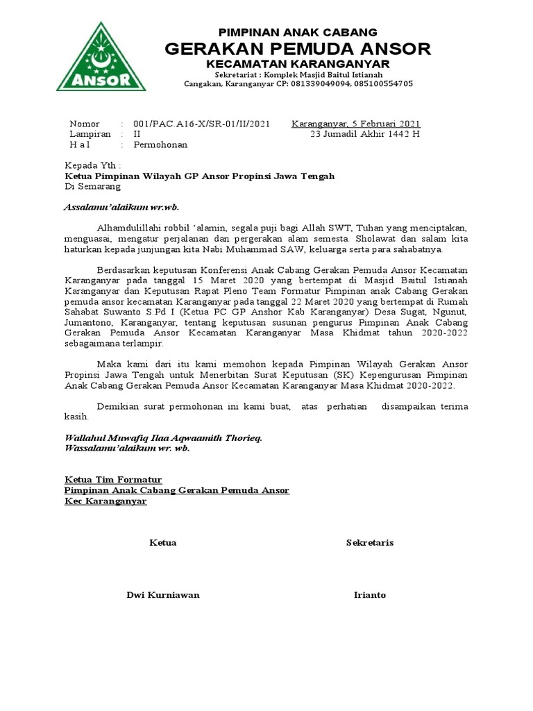 Pengajuan SK Pac Ansor Karanganyar | PDF