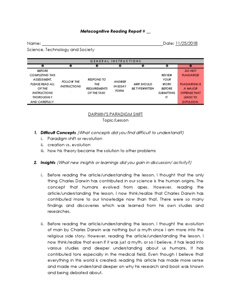 Metacognitive Reading Report STS | PDF | Charles Darwin | Paradigm