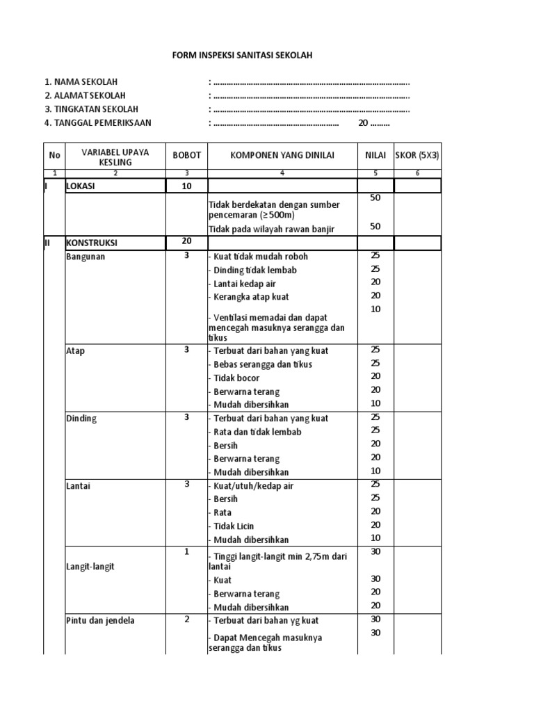 Form Inspeksi Sanitasi Sekolah | PDF