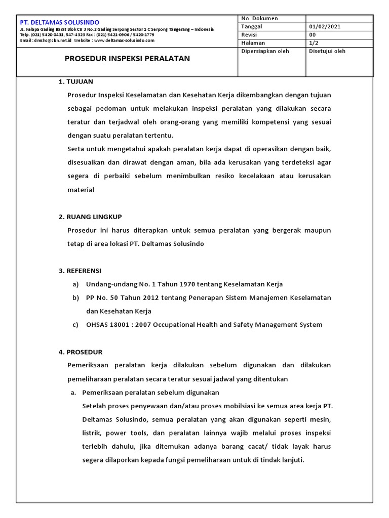 Prosedur Inspeksi Peralatan di PT. Deltamas Solusindo | PDF