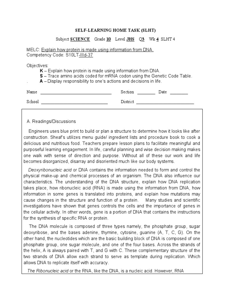 Self-Learning Home Task (SLHT) | PDF | Translation (Biology) | Rna