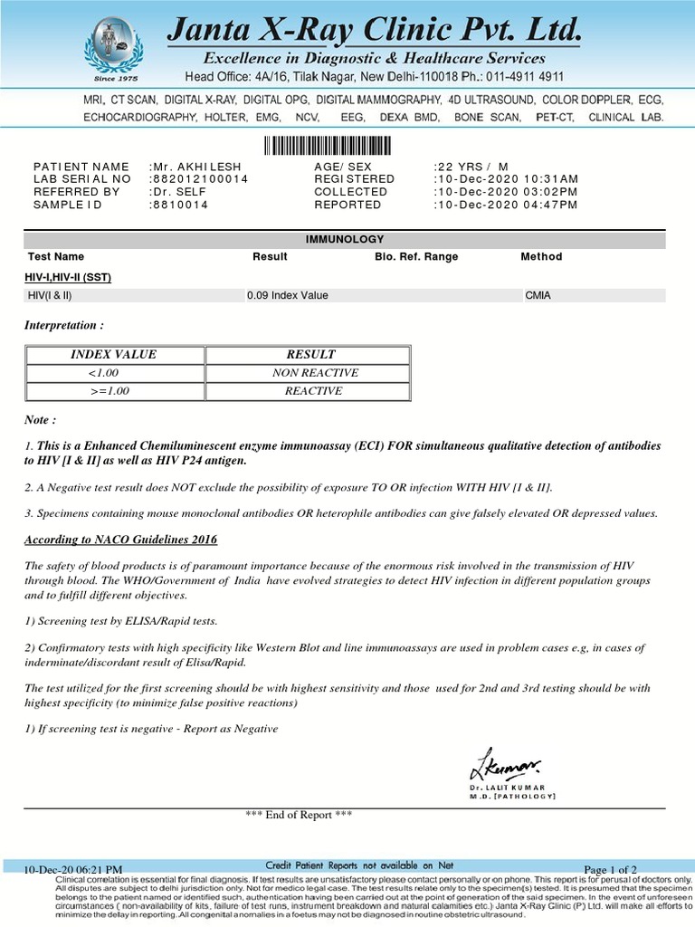 Interpretation: Index Value Result: Immunology Test Name Result Bio ...