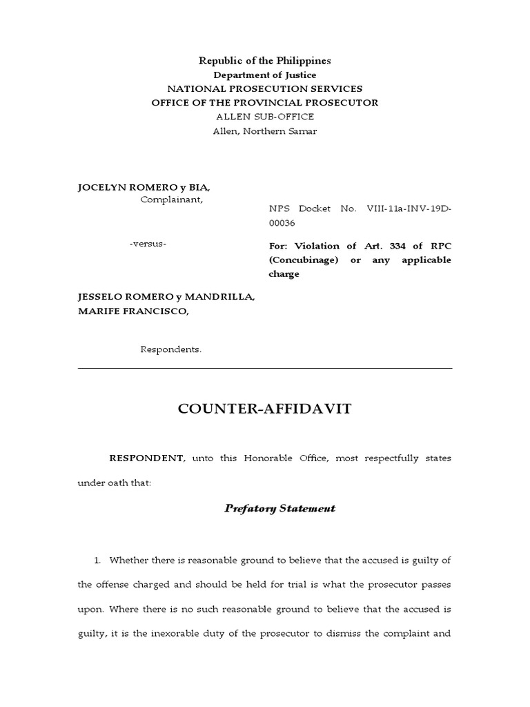Counter-Affidavit on Concubinage Case | PDF | Prosecutor | Marriage