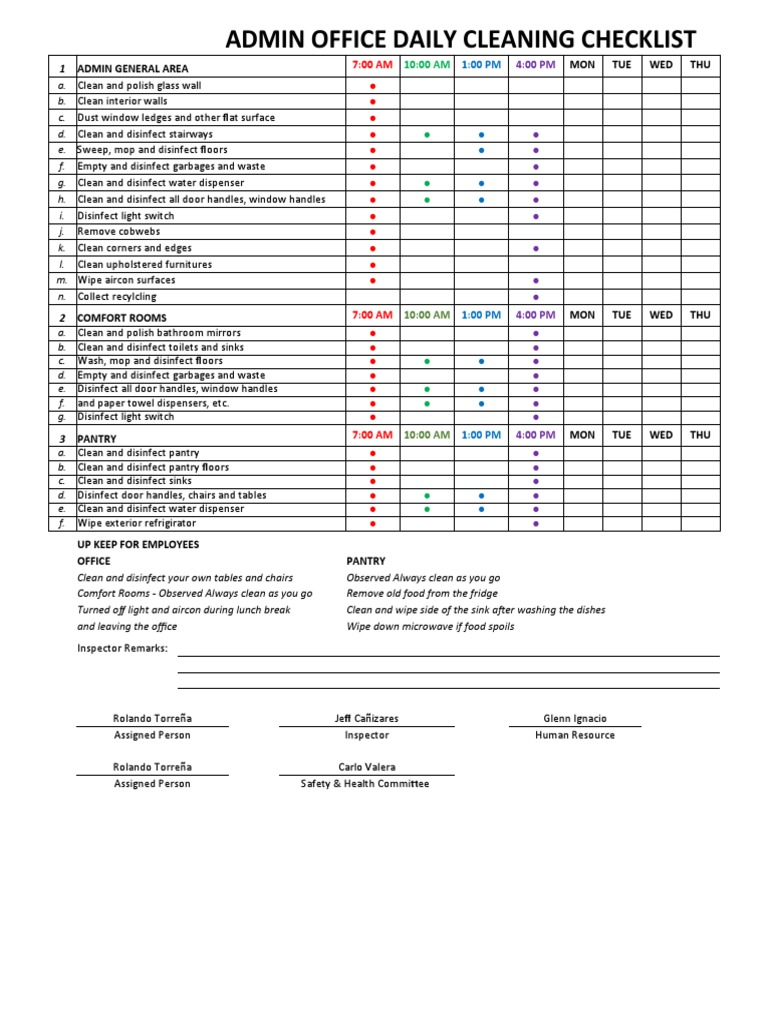 Admin Office Daily Cleaning Checklist: Admin General Area MON TUE WED ...