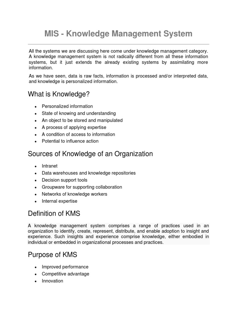 MIS - Knowledge Management System | PDF | Information System ...