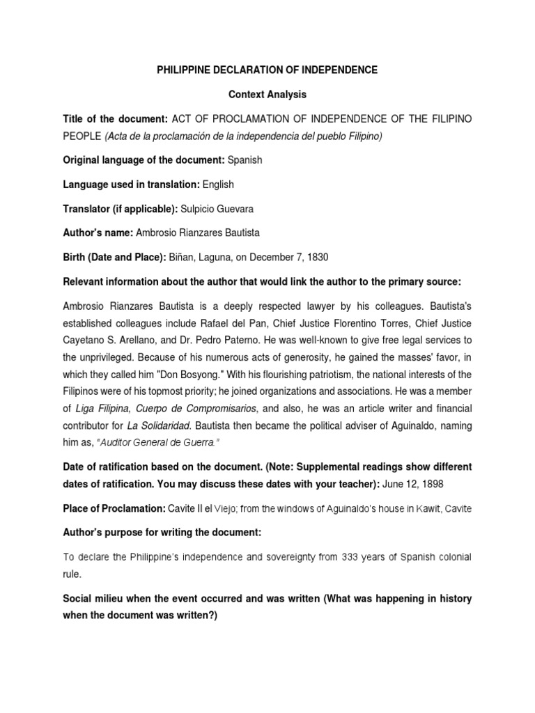 PHILIPPINE DECLARATION OF INDEPENDENCE Answer Sheet | PDF | Philippines ...