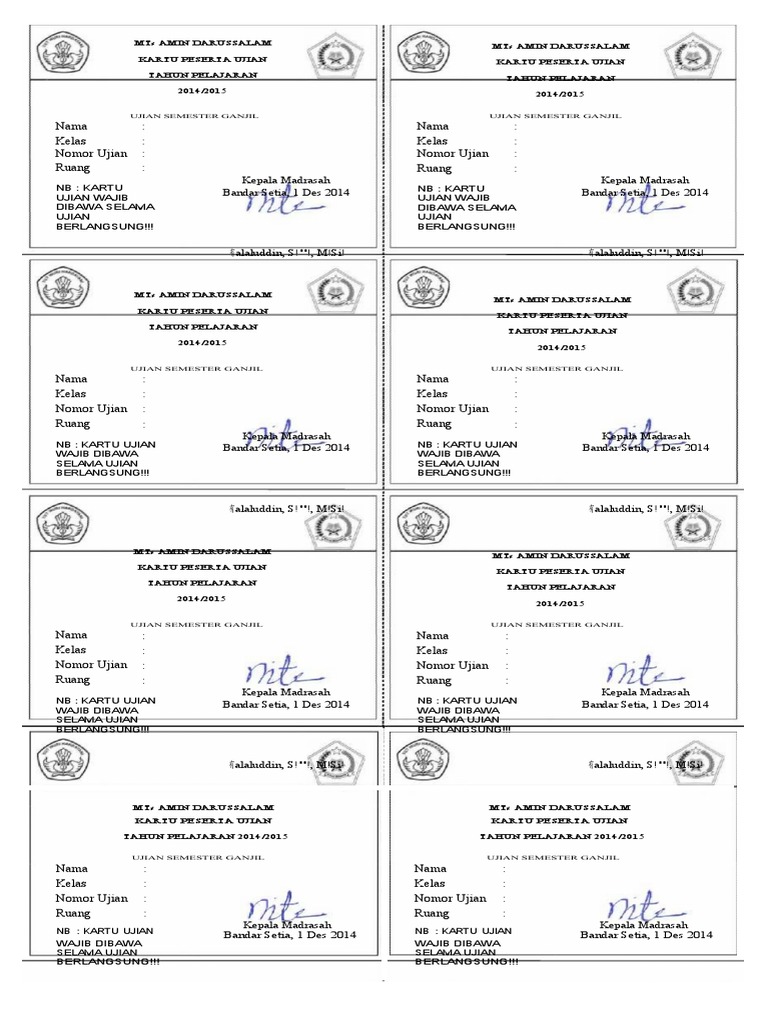 Contoh Kartu Ujian | PDF