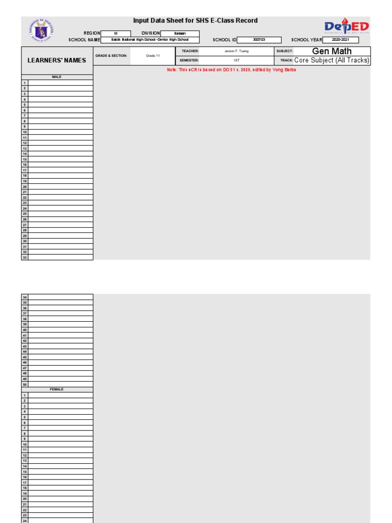 Gen Math: Input Data Sheet For SHS E-Class Record | PDF | Learning