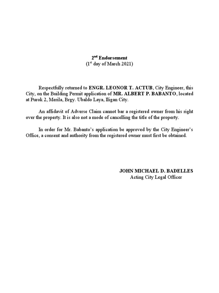 2nd Endorsement Babanto Actub | PDF | Technology & Engineering