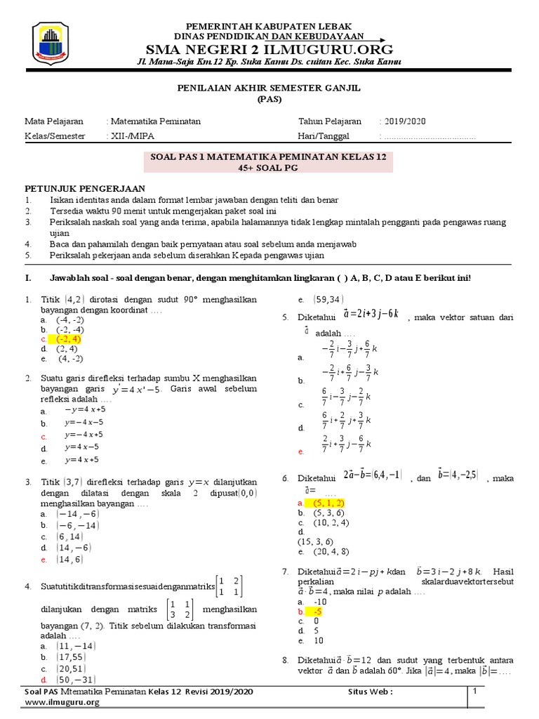 Ilmuguru - Org - Soal PAS Matematika Peminatan Kls 12 | PDF