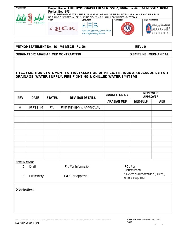Method Statement For Mechanical Piping | PDF | Pipe (Fluid Conveyance ...
