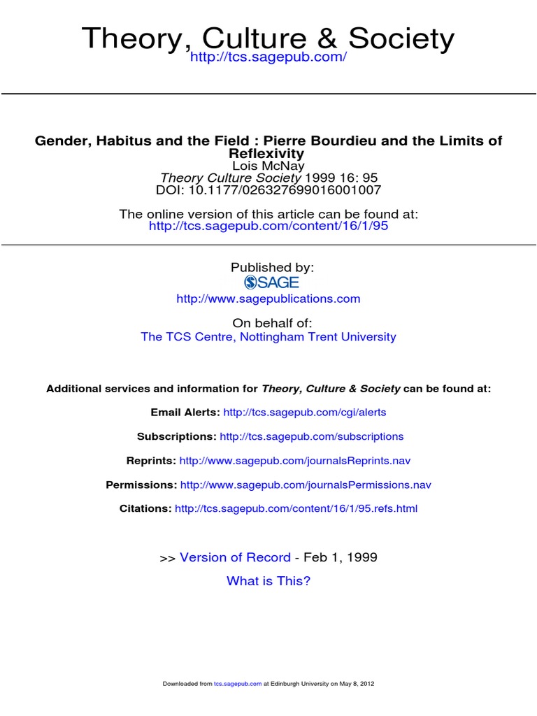 Theory, Culture & Society: Reflexivity Gender, Habitus and The Field ...
