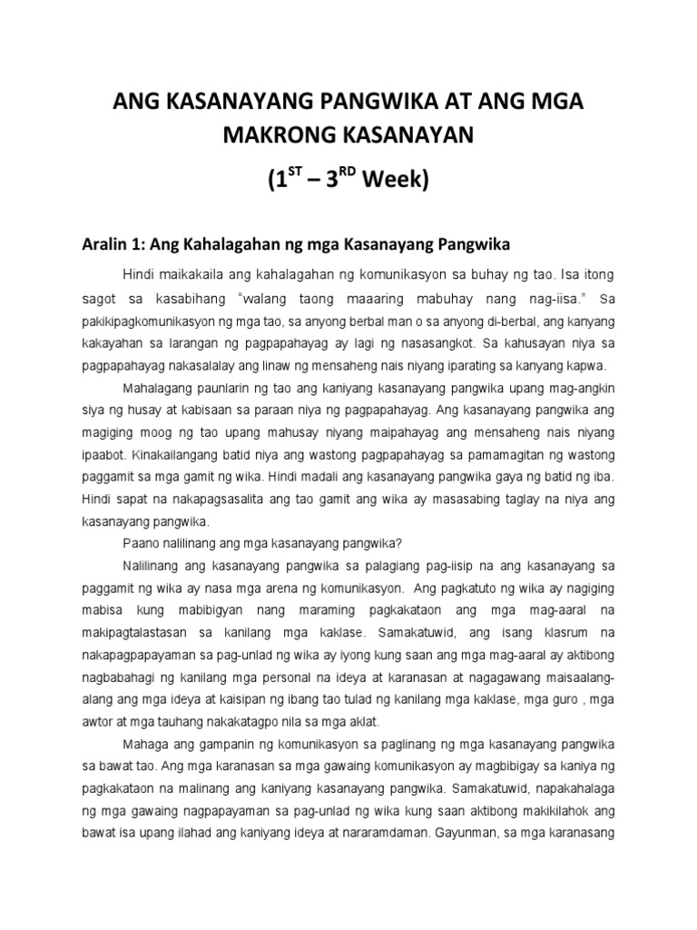 Aralin 1 Kahalagahan NG Makrong Kasanayan | PDF