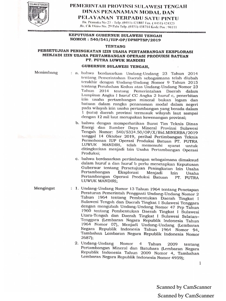 IUP Produksi PT. Putra Luwuk Mandiri | PDF IUP Produksi PT. Putra Luwuk Mandiri | PDF