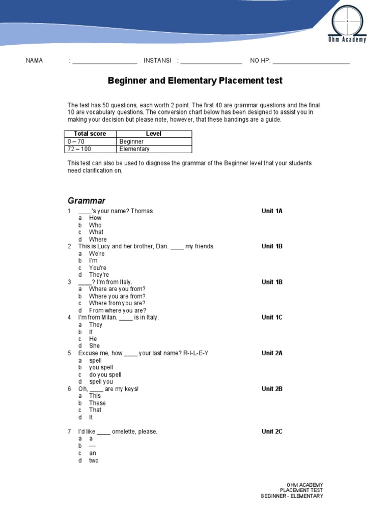 Beginner and Elementary Placement Test: Grammar | PDF