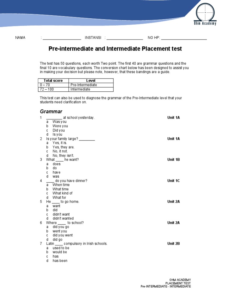 Pre-Intermediate and Intermediate Placement Test: Grammar | PDF | Foods