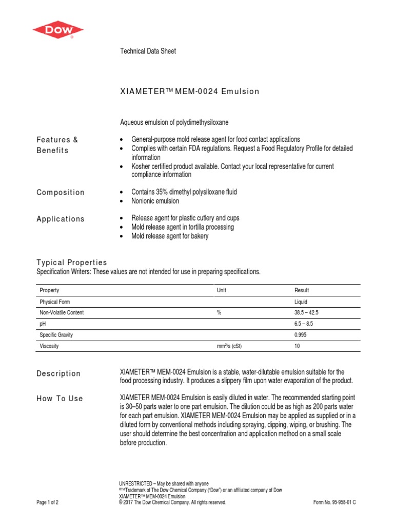 XIAMETER™ MEM-0024 Emulsion: Features & Benefits | Download Free PDF ...