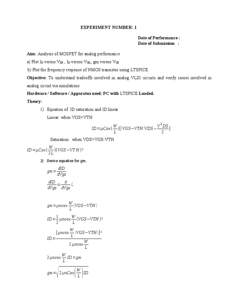 W L Vgs VTH) Vds - V DS: 2) Derive Equation For GM | PDF | Mosfet | Spice