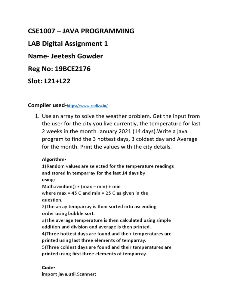 Cse1007 Java Programming Lab Digital Assignment 1 Name Jeetesh Gowder Reg No 19bce2176 Slot