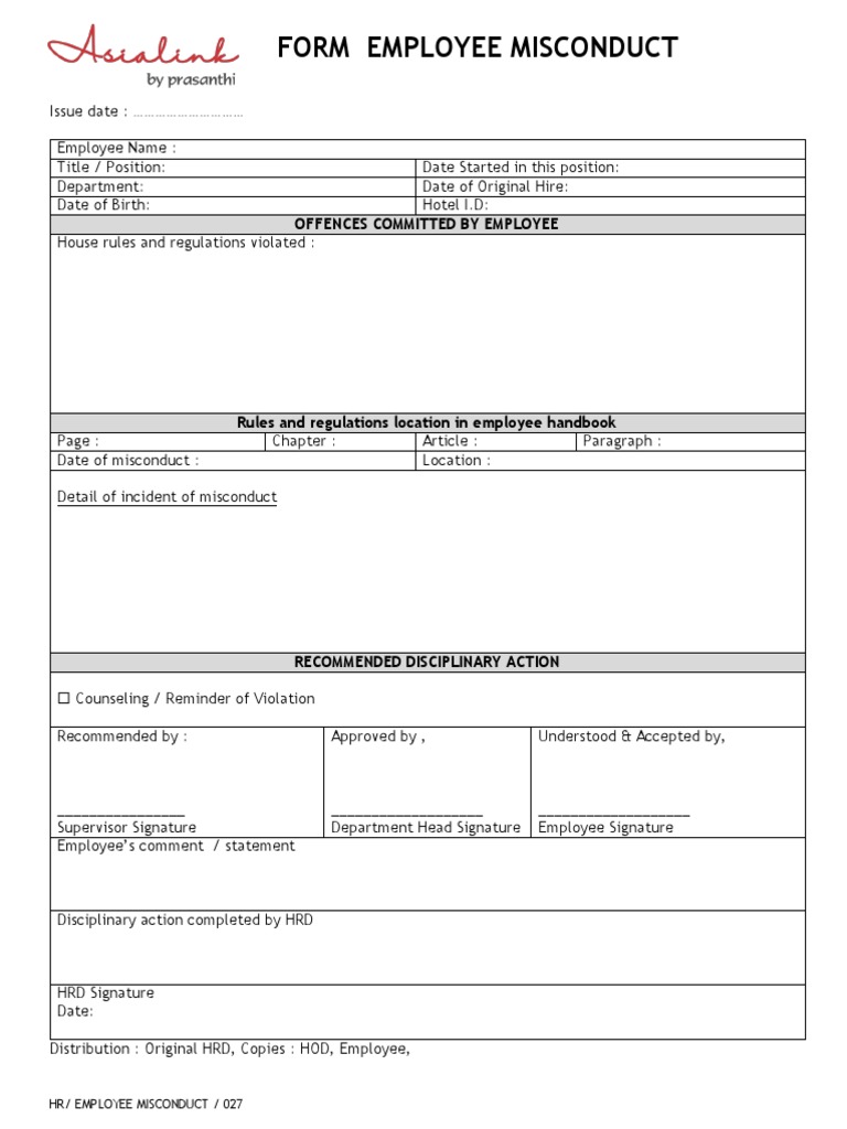027 Misconduct Form - Lateness & No Cek in OUt | PDF