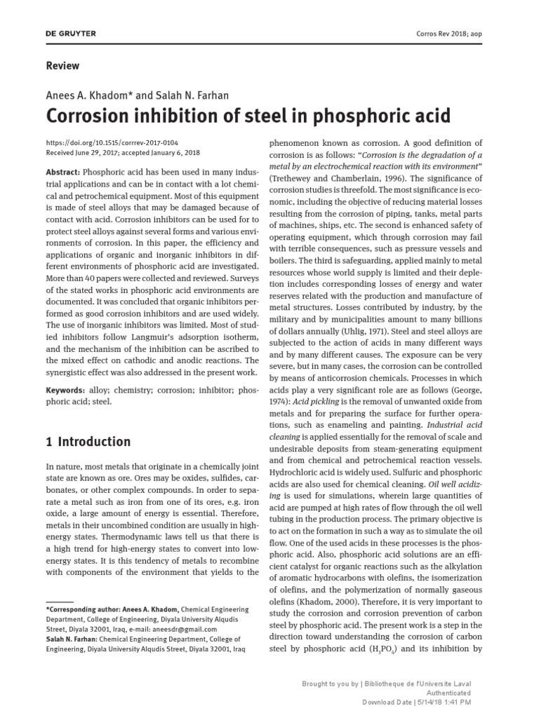 Corrosion Inhibition of Steel in Phosphoric Acid Khadom2018 | PDF ...