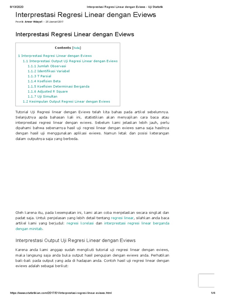 Interpretasi Regresi Linear EViews | PDF