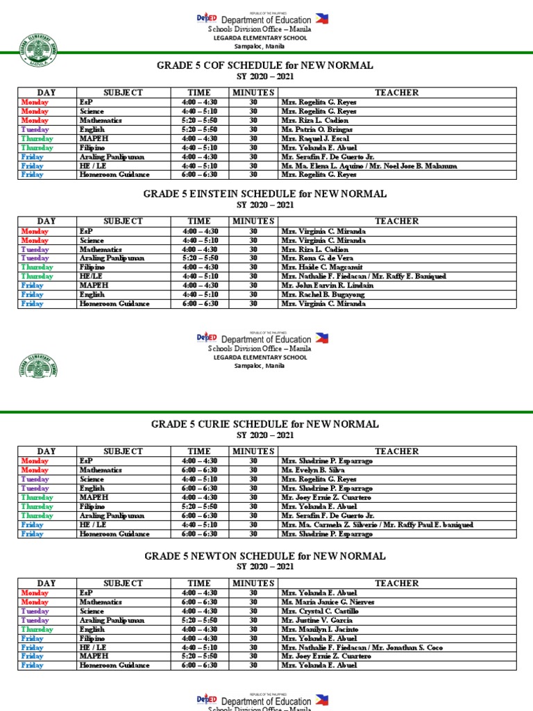 Grade 5 Schedule For New Normal Midweek Break Clear | PDF | Educational ...