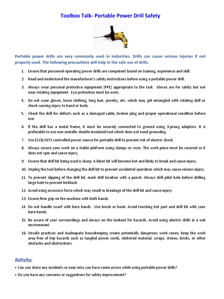 Topic 2 Portable Power Drill Safety | PDF | Drill | Safety