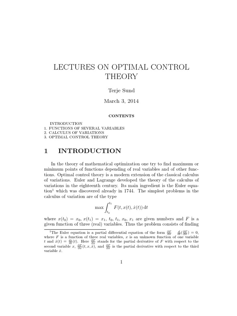 Lectures On Optimal Control Theory: Terje Sund March 3, 2014 | PDF | Calculus Of Variations ...