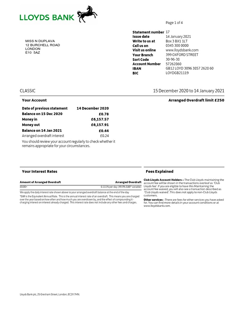Classic 15 December 2020 To 14 January 2021: Your Account Arranged Overdraft Limit 250 | PDF ...