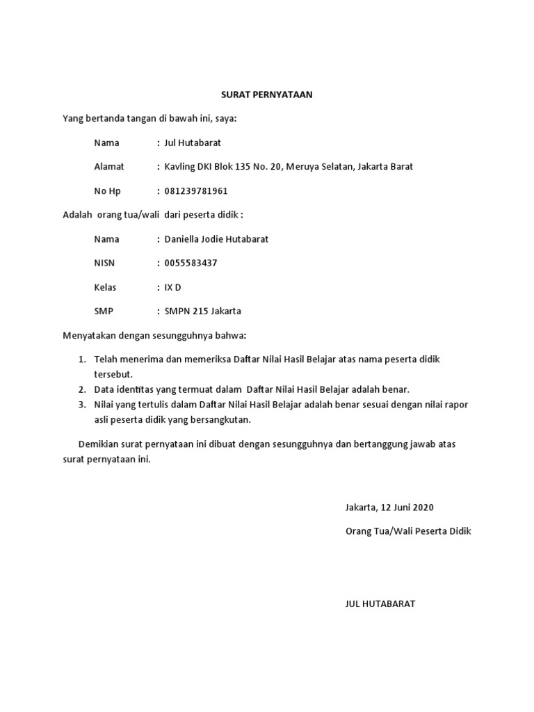 Contoh Surat Pernyataan | PDF