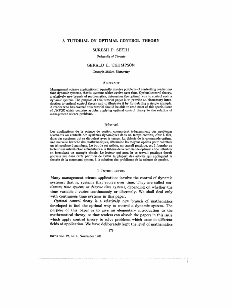 A Tutorial On Optimal Control Theory: Suresh P. Sethi | PDF ...