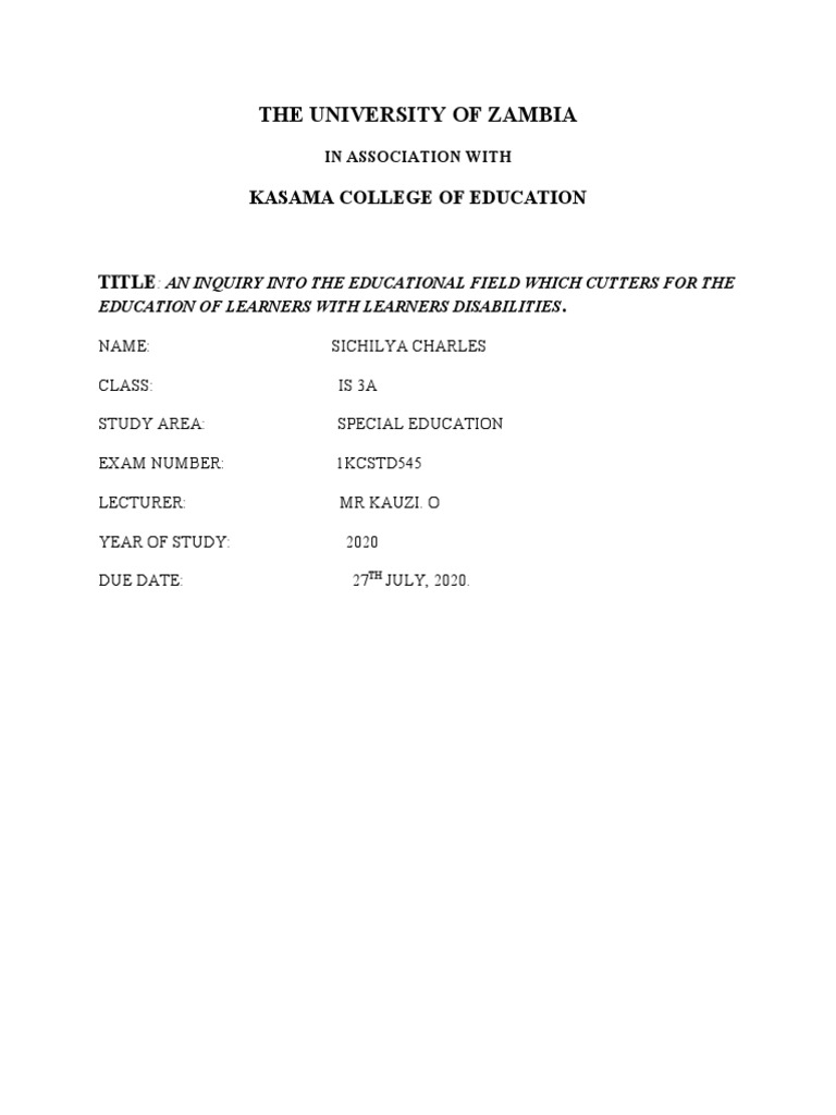 The University of Zambia: Kasama College of Education | PDF | Inclusion ...