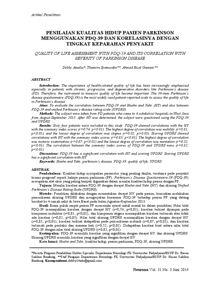 Penilaian Kualitas Hidup Pasien Parkinson Menggunakan Pdq-39 Dan ...