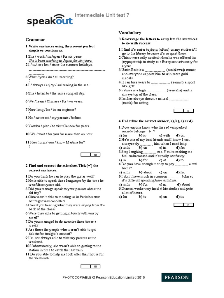 Intermediate Unit Test 7: Grammar Vocabulary | PDF