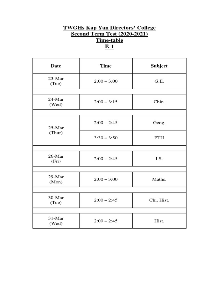 Twghs Kap Yan Directors' College Second Term Test (2020-2021) Time ...