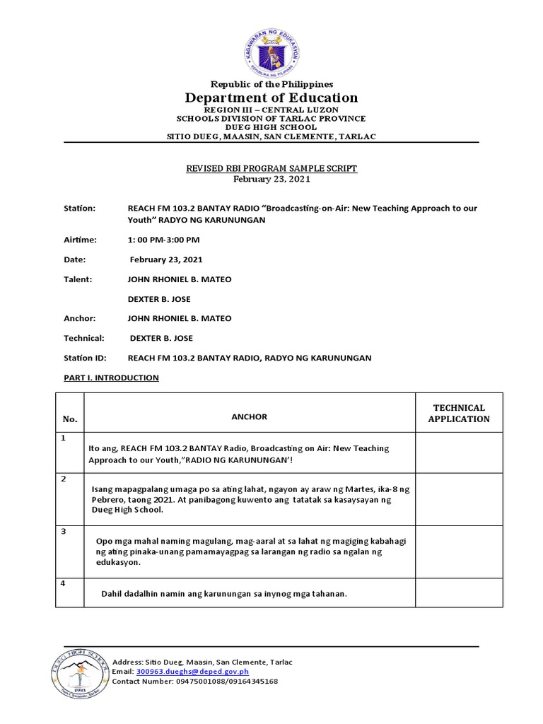 Revised RBI PROGRAM SCRIPT SAMPLE Revised | PDF