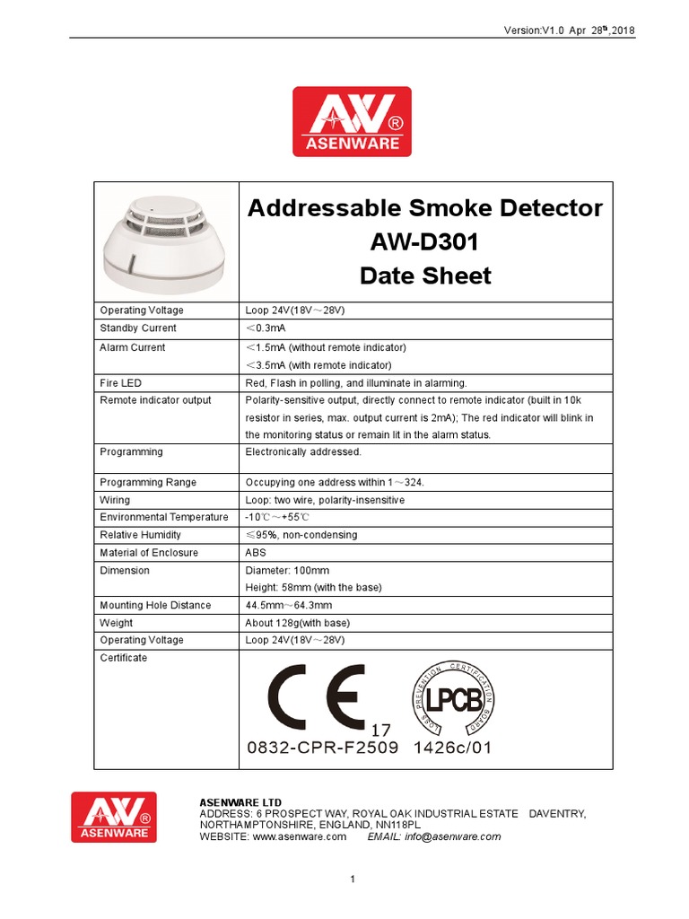 ASENWARE AW-D301 Addressable Smoke Detector Date Sheet | PDF