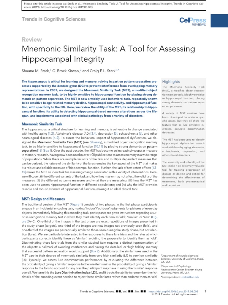 Mnemonic Similarity Task: A Tool For Assessing Hippocampal Integrity ...