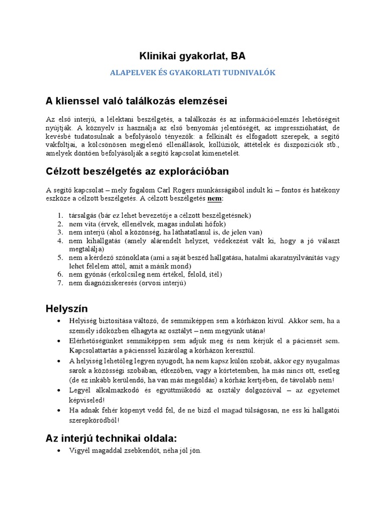 Klinikai Gyakorlat ALAPELVEI - BA - 20171227 - Tegeződő Forma | PDF
